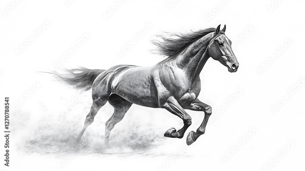 Horse galloping fast, dust behind it. Use it to present strength ...