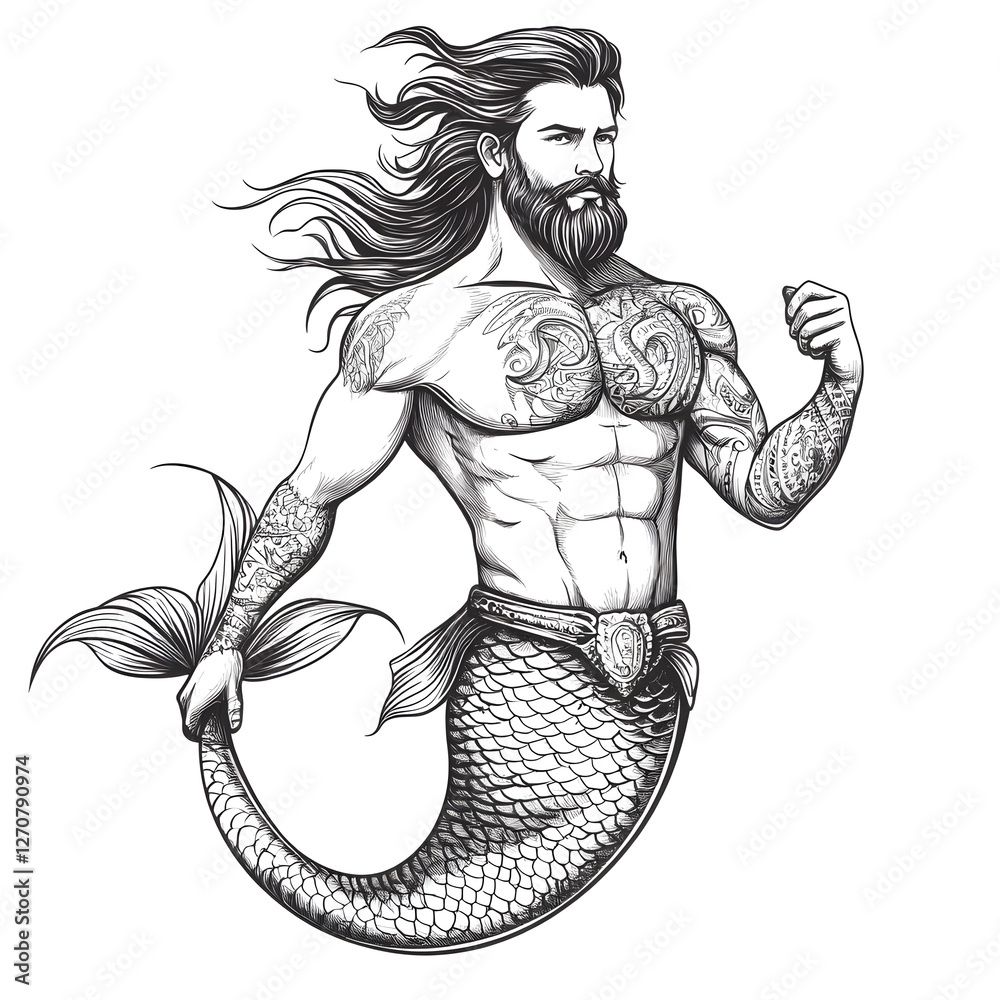 muscular merman with a vintage illustration, featuring strong physique ...