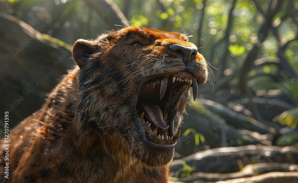 Saber-toothed cat roaring fiercely with fangs bared, highlighted by ...