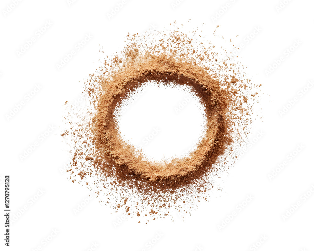 Brown powder forming a circular shape against a transparent background ...