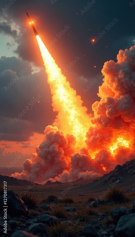 Blazing projectiles launch into fiery trajectories, striking burning ...