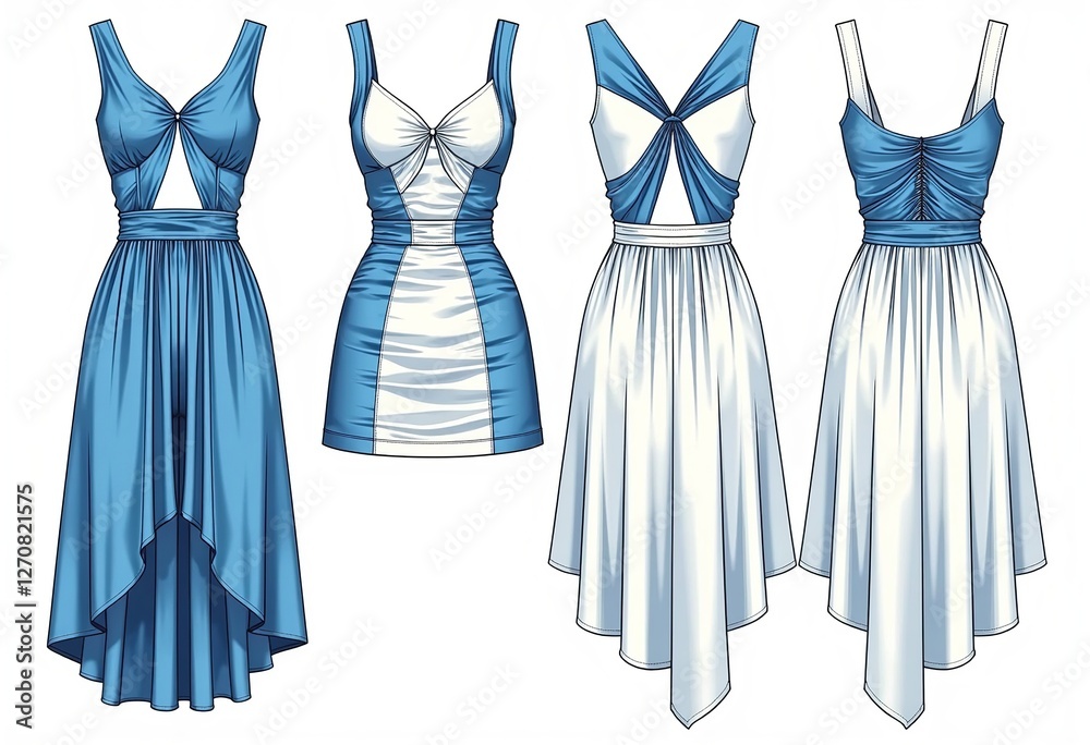 Asymmetric Draped Mini Dress Technical Drawing: Women's Fashion Flat ...