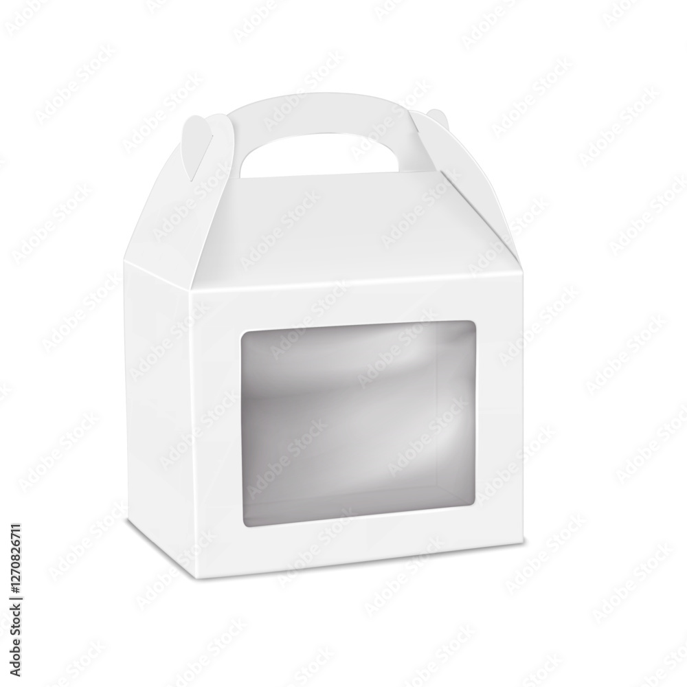 Square white paper gable box with clear plastic window and handle. 3d ...