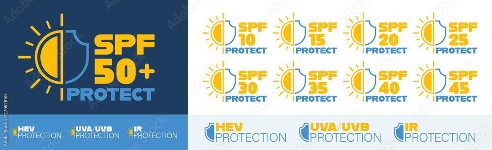 SPF protection labels with sun and shield icons. Illustration featuring ...