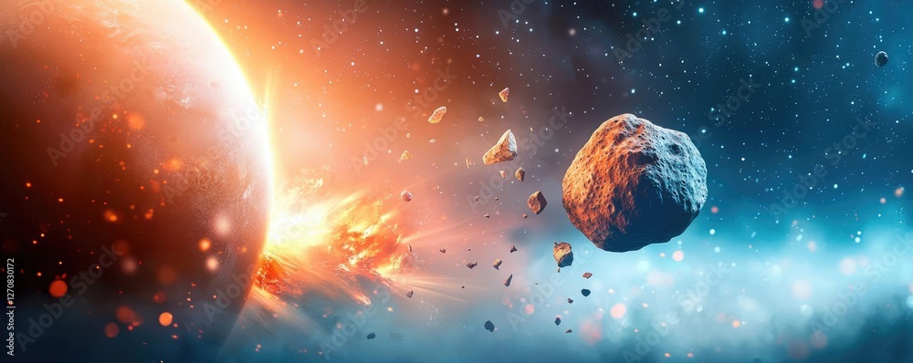 Asteroid impact concept. Dynamic cosmic scene with an exploding planet and asteroids in outer ...