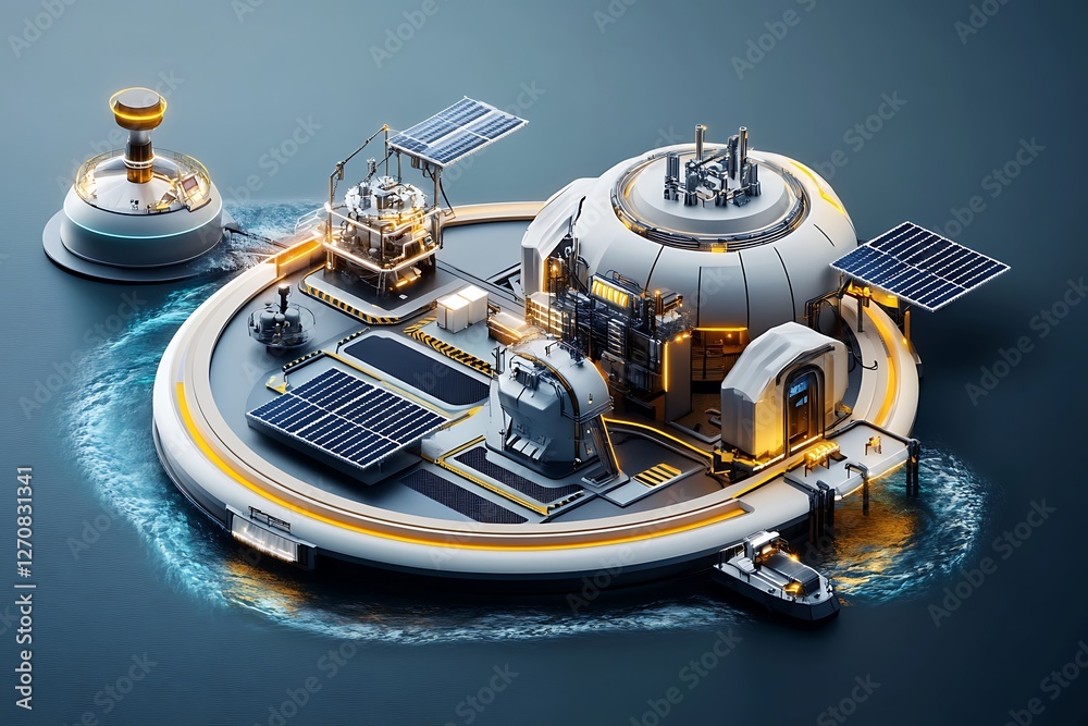 Innovative floating energy hub ocean environment digital art futuristic ...