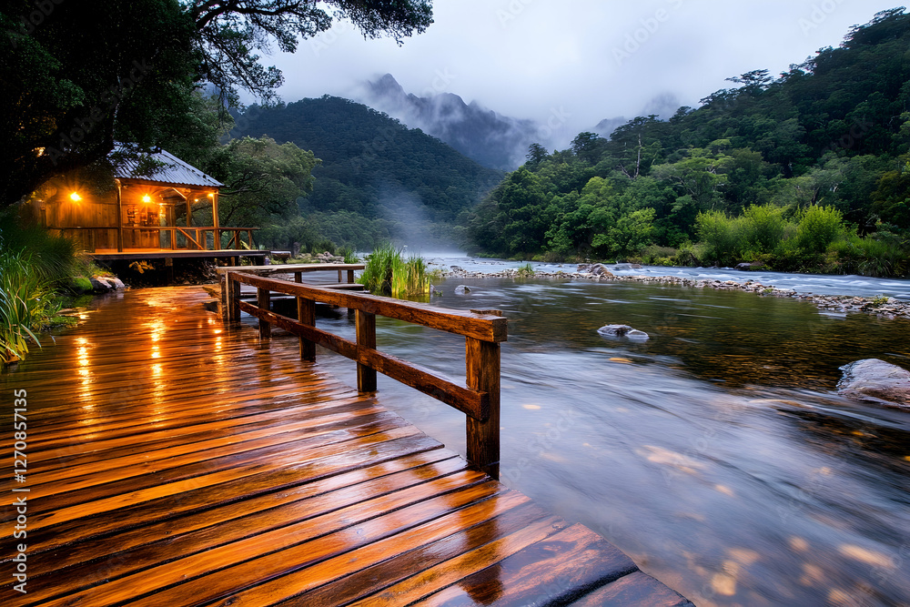 Cabin deck by river, nature scene. Great for travel, tourism ...