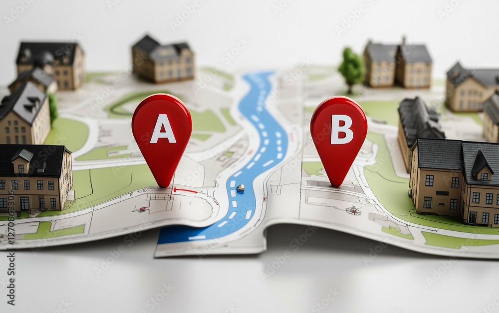 Ilustrace Map with location markers A and B on city map with buildings ...