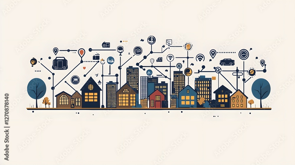 Professional flow chart with city icons and symbols in a bubble line ...