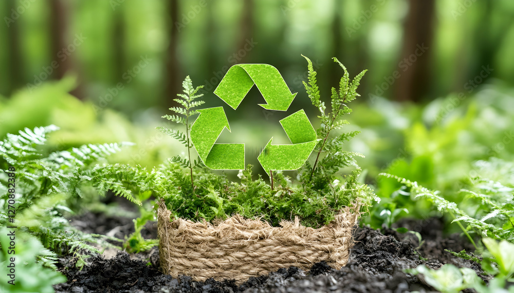 Recycling logo on a plant nest in the forest for sustainable living ads ...