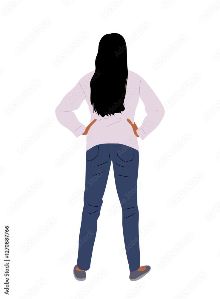 Young woman standing full length rear view. Pretty girl in smart casual ...