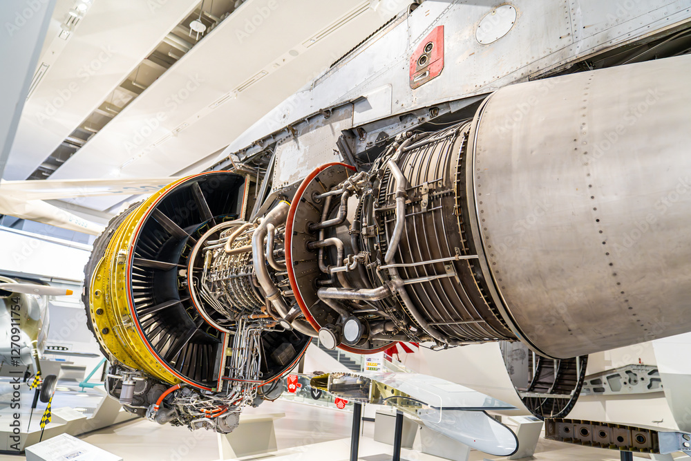 Gas turbine aircraft engine. The internal parts of the engine, especially the turbine blades and ...