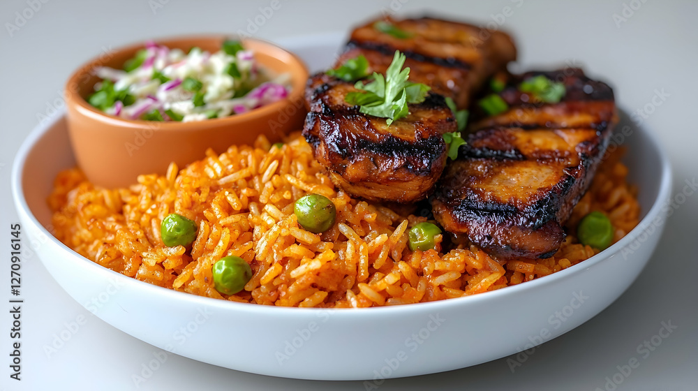 Grilled Pork Chops With Jollof Rice And Coleslaw Stock Photo | Adobe Stock