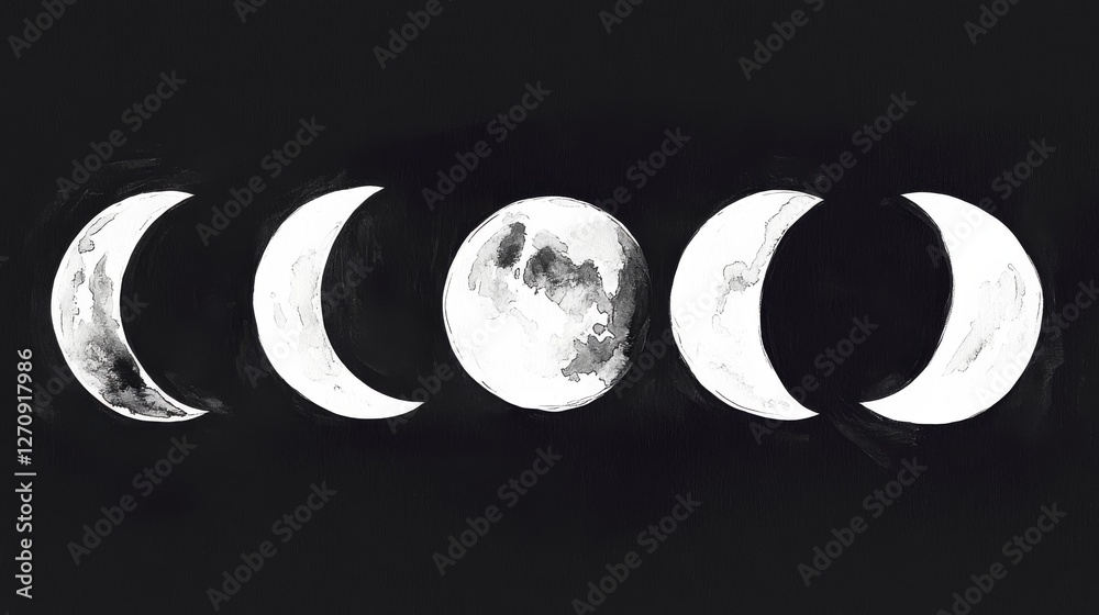 Moon phases vector illustration, black and white minimal design, lunar ...