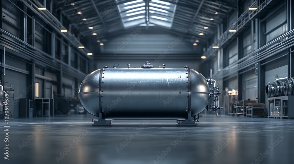 Realistic image of a compact LNG tank with vacuum insulation, metallic ...