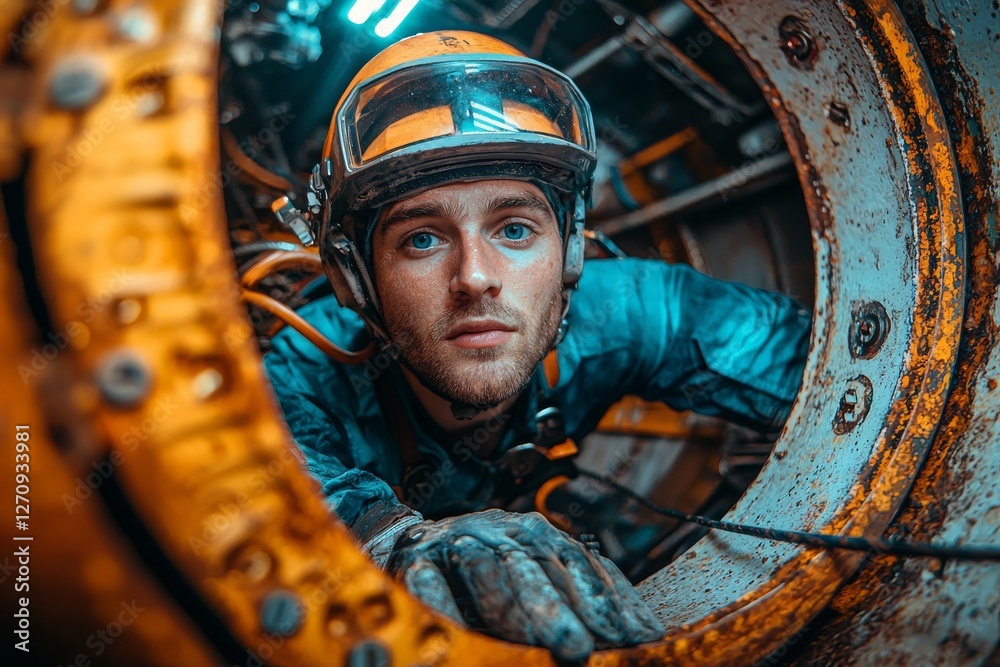 In a confined space within a stainless chemical tank, a man climbs the ...