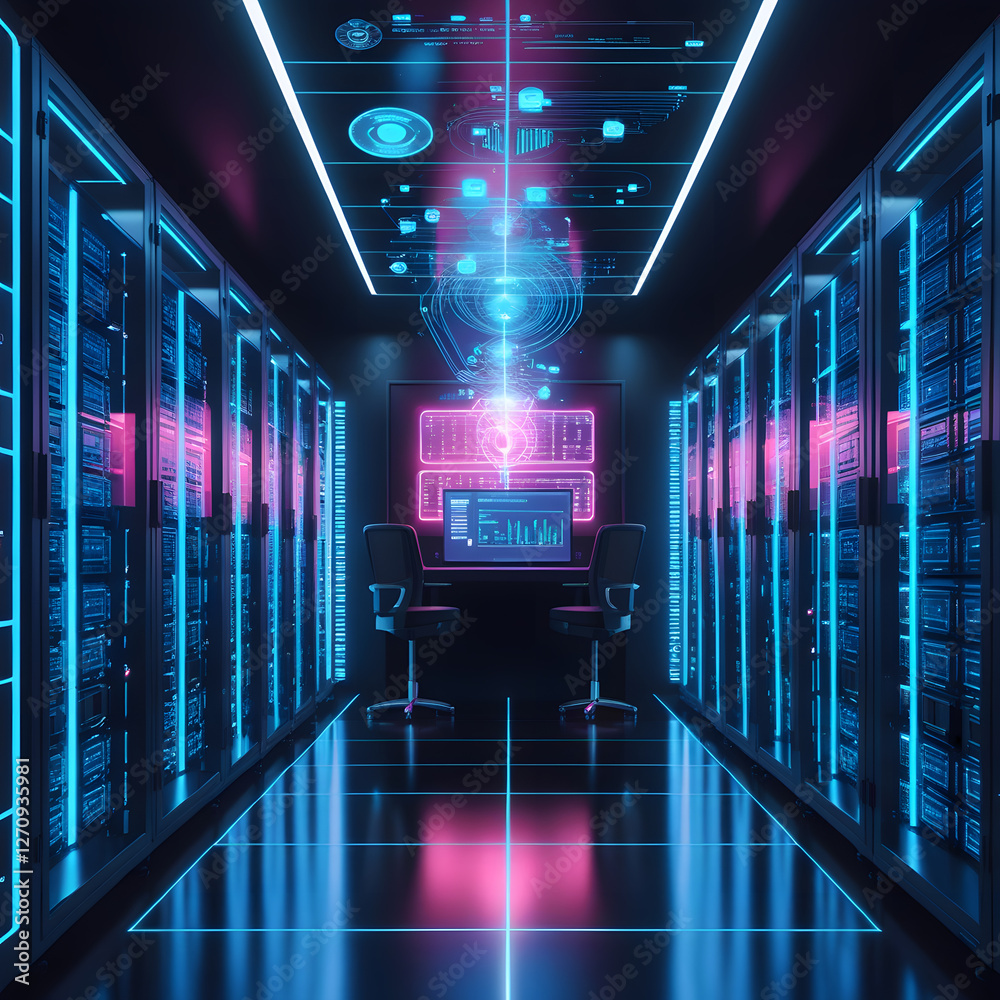 This digital artwork showcases a high-tech, futuristic server room ...