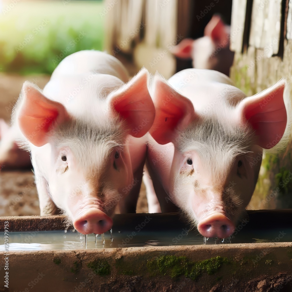 Two pigs on a farm drinking water from a trough, cute farm animals ...