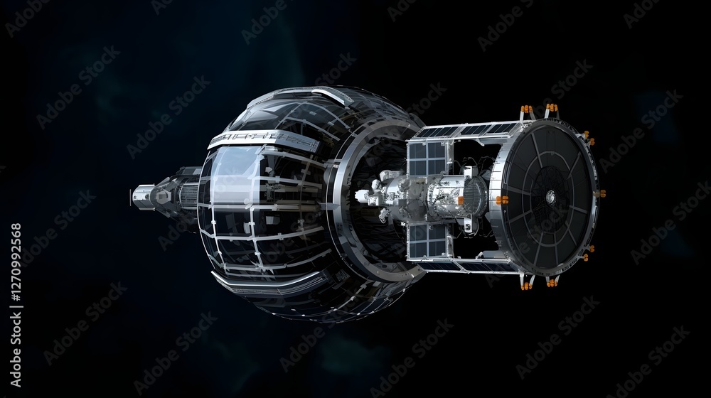 Futuristic carbon fiber built space station module floating peacefully ...