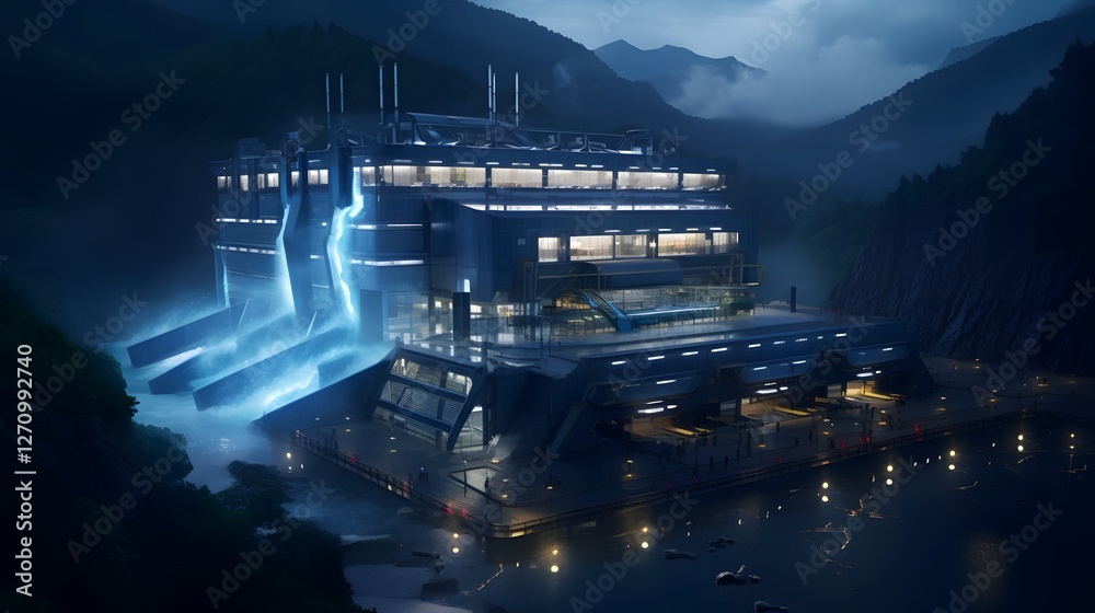 Futuristic hydroelectric power plant with a massive dam harnessing the ...