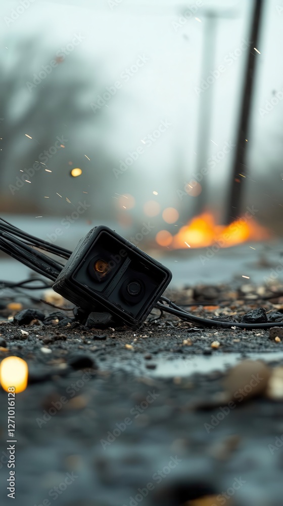 Broken power lines sparking in the aftermath of a tornado, with heavy ...