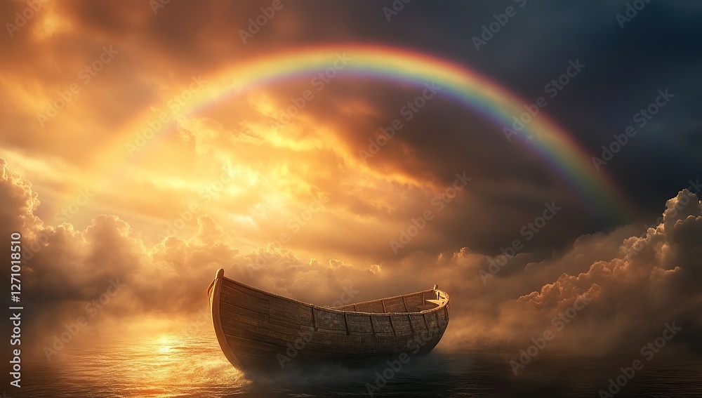 A rainbow arching over the ark of Noah's boat on top of Mount Ararat ...