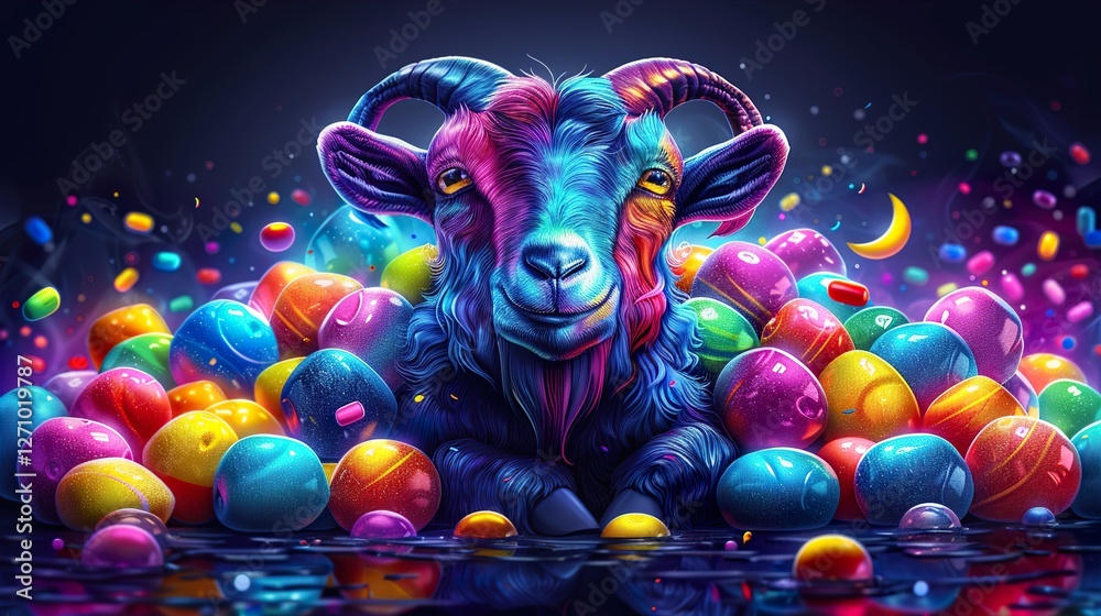 Eid Al Adha concept image colourful candy with goat and crescent moon ...