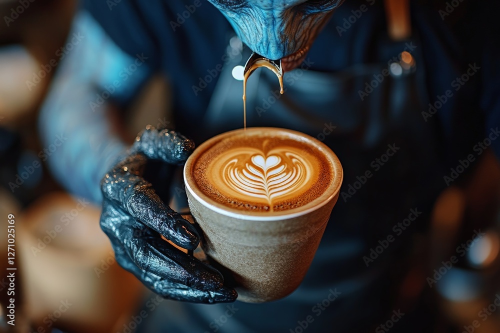 Unique latte art created by a barista with blue-tinted hands in a cozy ...
