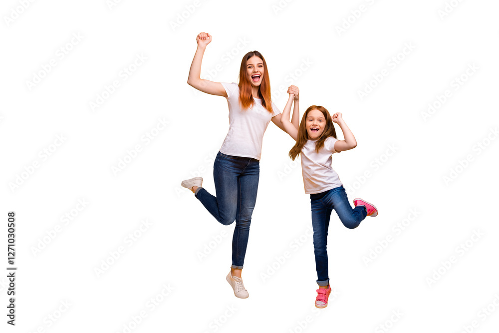 Full size photo of cheerful ladies with foxy haircut screaming yeah ...