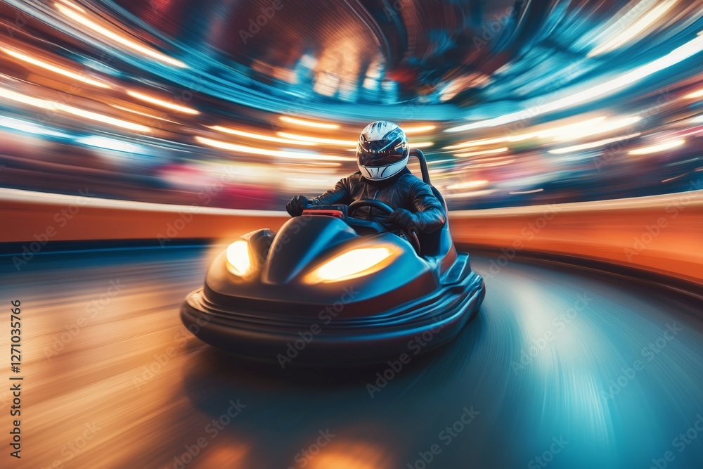 Exciting go-kart race at a vibrant amusement park during nighttime with ...