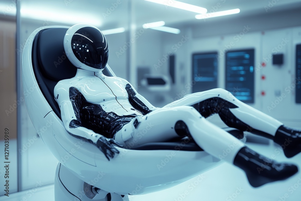 Futuristic humanoid robot seated in a high-tech laboratory with sleek design and advanced ...