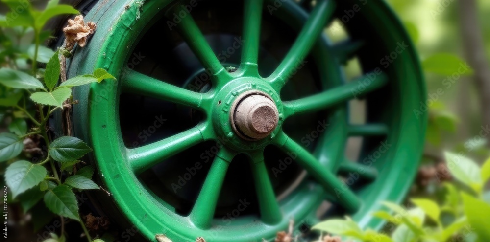 Green wheel with large leaves attached to its circumference, floral ...