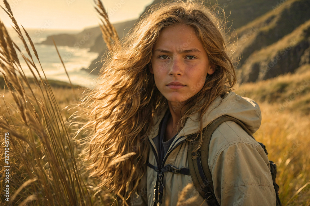 Young Adventurer with Flowing Hair in Golden Coastal Wilderness ...