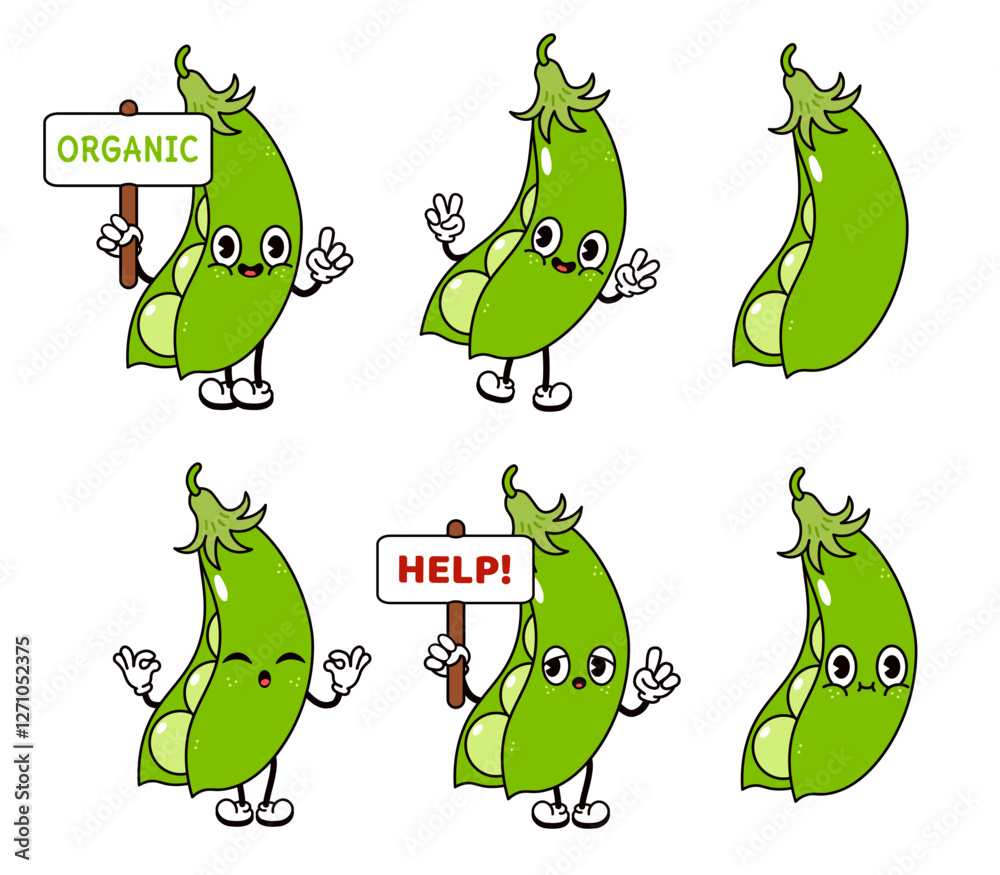 Funny cute Peas characters bundle set. Vector hand drawn doodle style ...