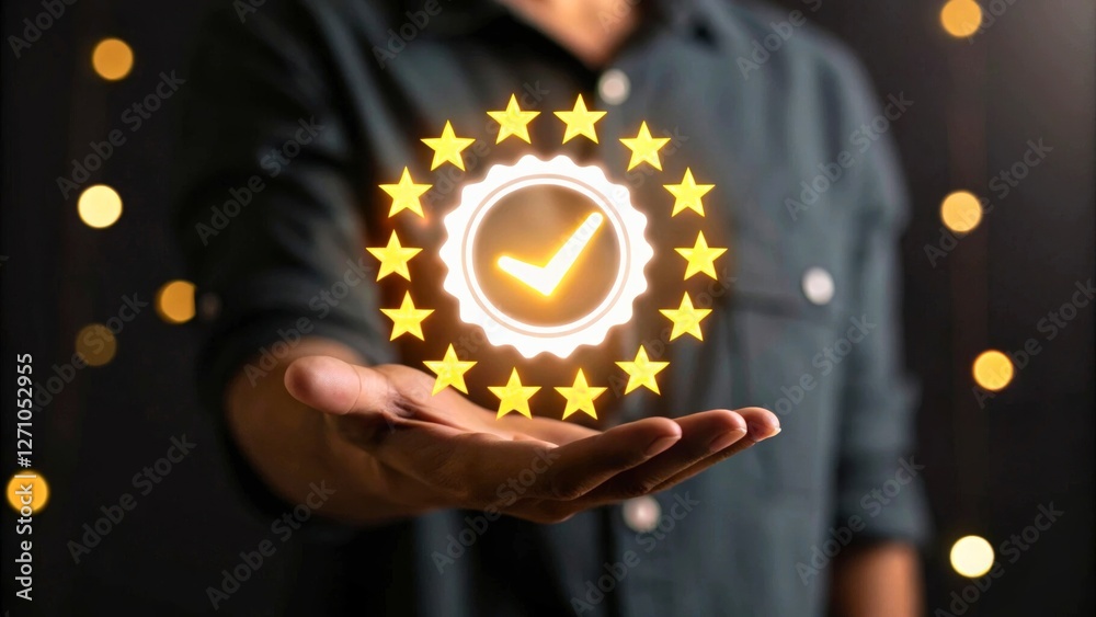 Hand Holding a Symbol of Quality Assurance with Stars and Checkmark on ...