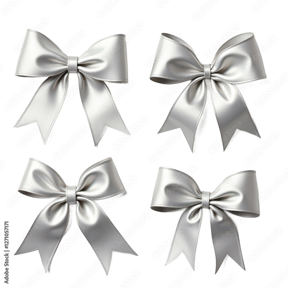Four elegant silver satin bows arranged in a 2x2 grid. Each bow is ...