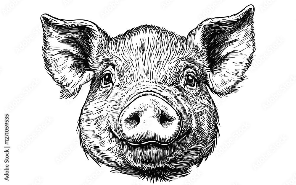 Pig, hog, boar. Vintage retro print, black white pig sketch ink pencil ...