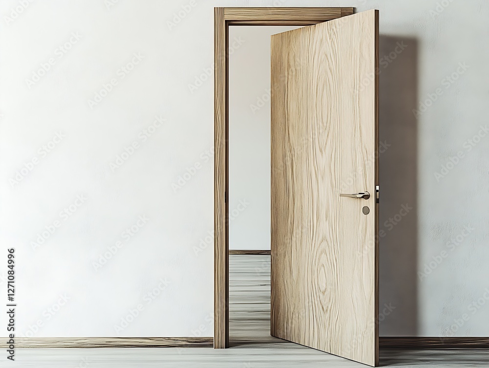 Wooden door slightly ajar revealing a bright and open interior space ...