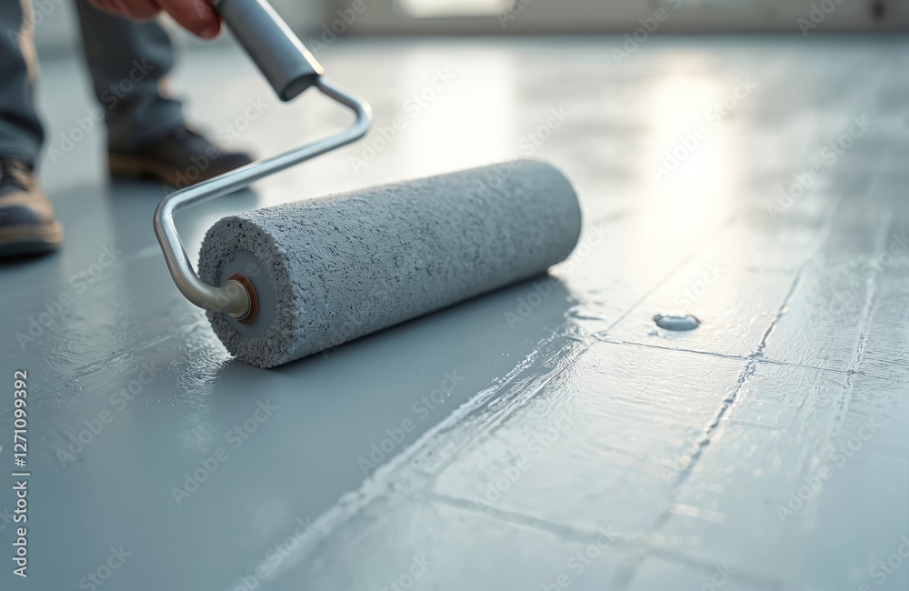 Gray hand-painted waterproofing on flooring. Roof deck repair with ...