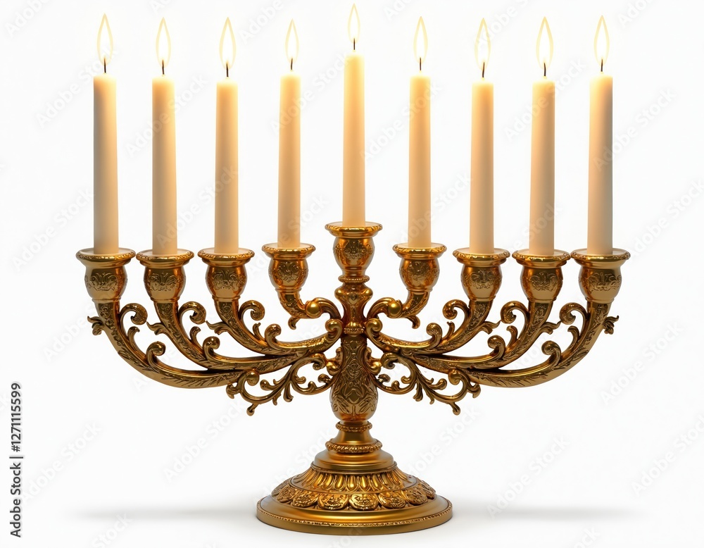 Golden menorah with lit candles isolated on white background. Symbol of ...