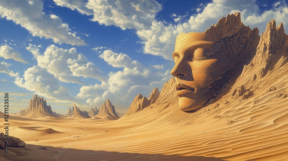painting of a desert where dunes shift to form massive faces. Stock ...