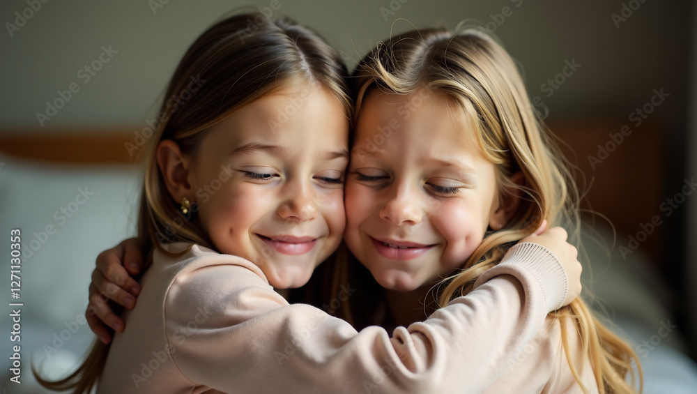 A heartwarming image of siblings hugging each other tightly, their eyes ...
