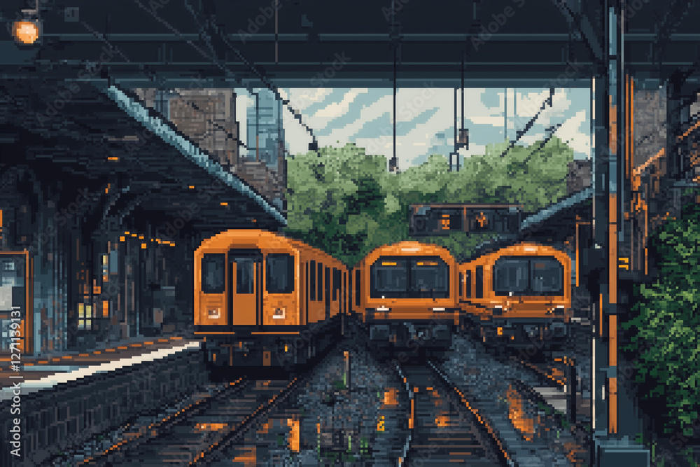 Pixelated train station with blocky trains waiting on tracks during a ...