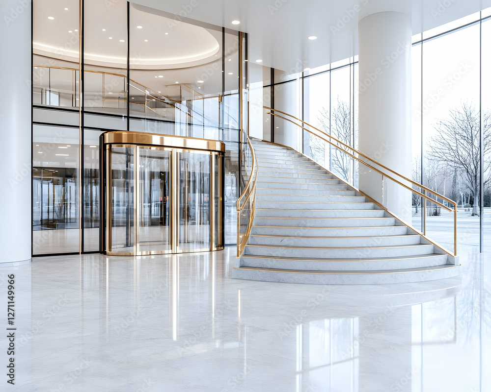 Bright office lobby with revolving door, stair, and marble floor near ...