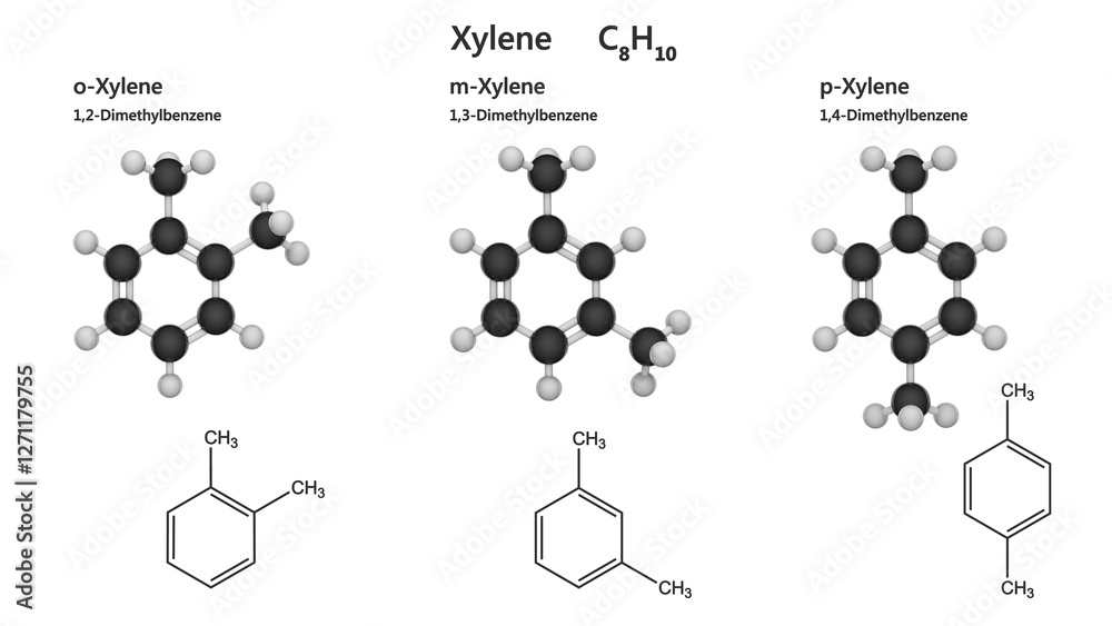 Set of Xylene or Xylol (dimethylbenzene). Class of aromatic ...