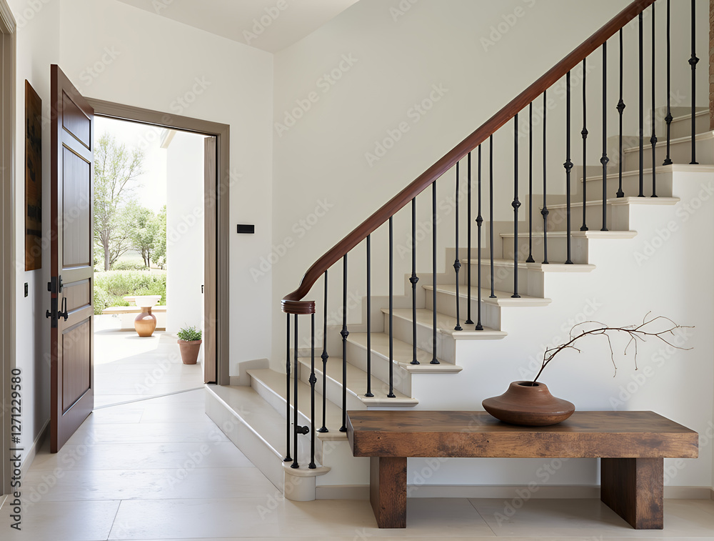 Console table and rustic bench in mediterranean interior design of ...