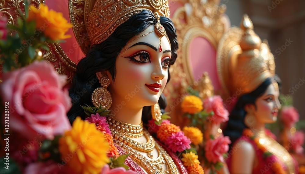 Majestic statue of Goddess Durga decorated with flowers, jewellery ...