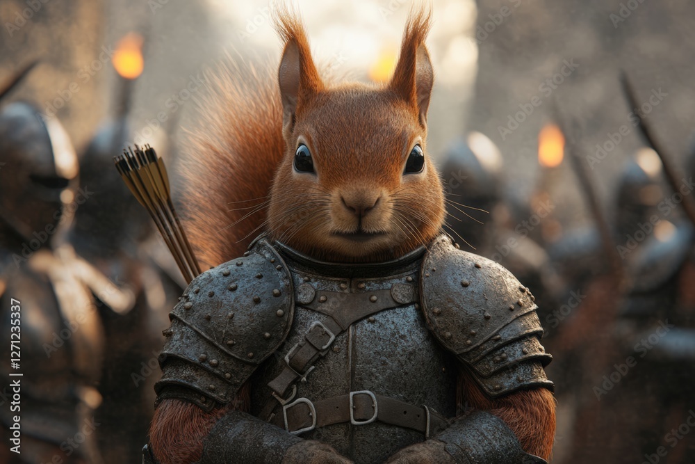 Armored squirrel warrior in a medieval battle setting with blurred ...