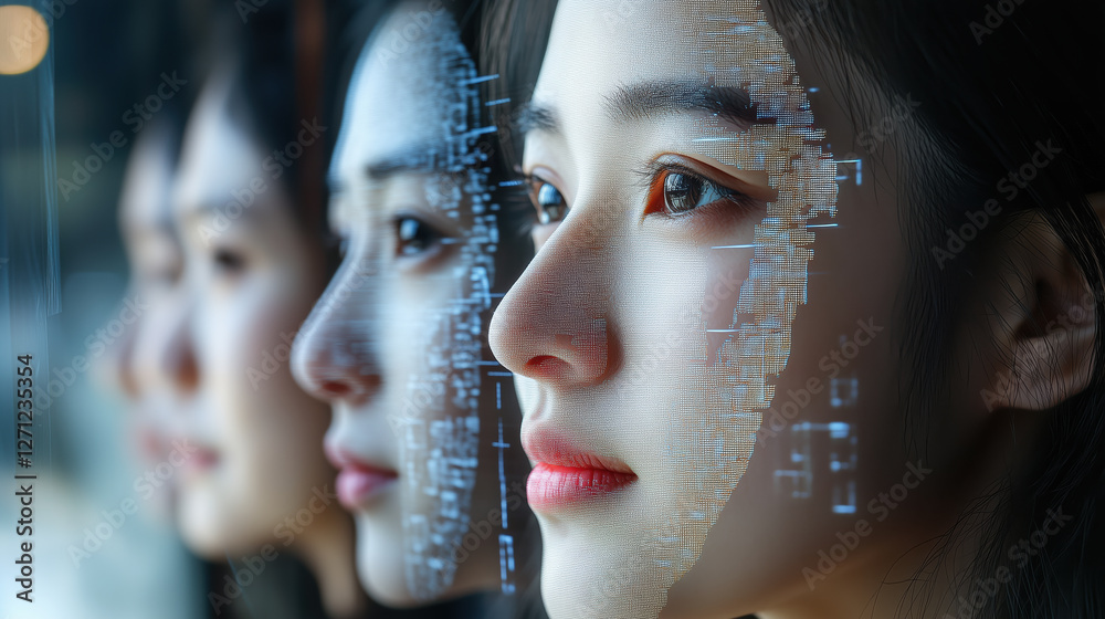 facial recognition system showcasing digital overlays on human faces ...