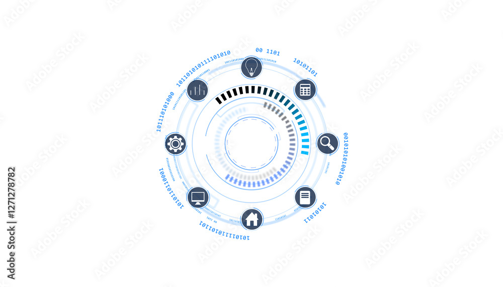 Abstract futuristic digital interface with circular elements, icons, and binary code on a white ...